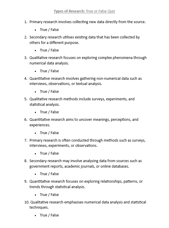 Worksheet - Types of Research Quiz (LO2: 2.3) - PE PLAN IT