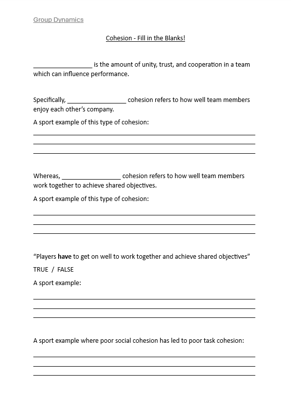 Worksheet - Cohesion ‘Fill in the Blanks’ (LO4: 4.2) - PE PLAN IT
