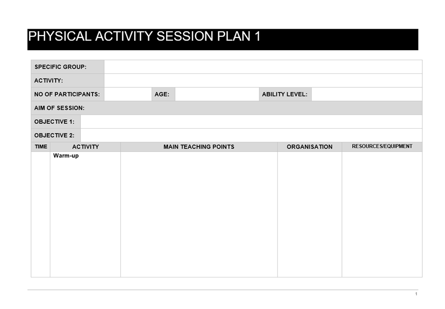 Worksheet - Physical Activity Session Plan Template (LO4: 4.1) - PE PLAN IT
