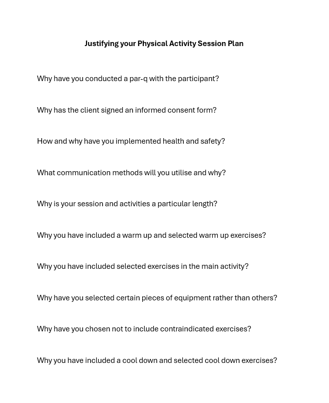 Worksheet - Physical Activity Session Plan Justification Help Sheet ...